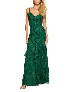 Ramy Brook Penelope V Neck Ruffled Gown - Deep Emerald