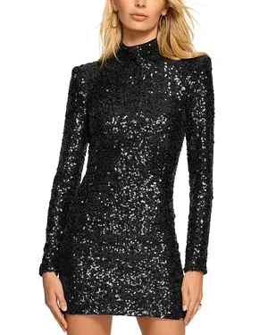 Ramy Brook Glory Mock Neck Sequin Long Sleeve Dress - Black Sequin