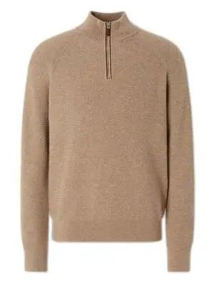 Zegna Ribbed Cashmere Sweater With Leather Trim And Zip Closure