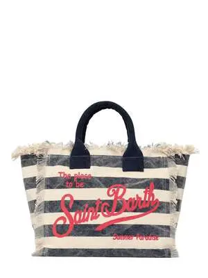 MC2 SAINT BARTH Mc2 Saint Barth Frayed Stripe Graphic Tote Bag Navy
