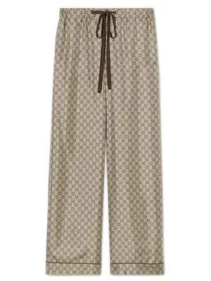 Gucci Piped Waist Silk Pants With Gg Print - Beige