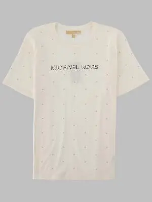 Michael Kors Michael By Michael Kors Michael Kors Logo Rhinestone T-Shirt For Women 100% Cotton Ivory