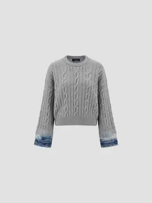 HAIKURE Grey Cable Knit Sweater With Denim Cuffs