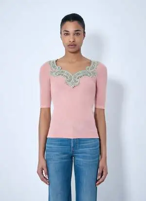 Chloé Embroidered Neckline Ribbed Knit Top - Pink