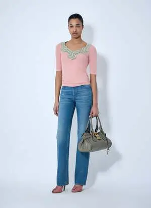 Chloé Embroidered Neckline Ribbed Knit Top