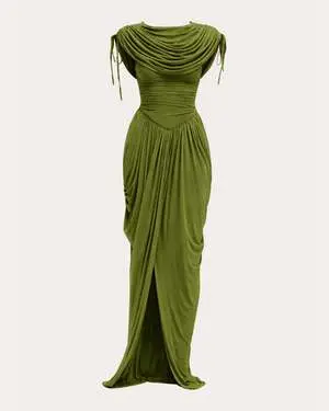 ANDREA IYAMAH Katu Gathered Mesh Drop-waist Cape Maxi Dress
