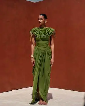 ANDREA IYAMAH Katu Gathered Mesh Drop-waist Cape Maxi Dress