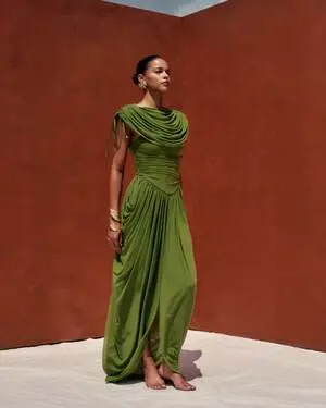 ANDREA IYAMAH Katu Gathered Mesh Drop-waist Cape Maxi Dress