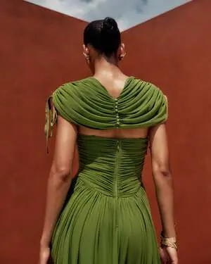 ANDREA IYAMAH Katu Gathered Mesh Drop-waist Cape Maxi Dress