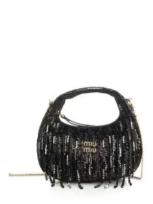 Miu Miu Wander Mini Satin Bag With Crystal And Sequin Fringes - Black