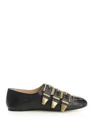 Chloé Susan Grained Buffalo Leather Flats With Gold Studs And Buckles - Black
