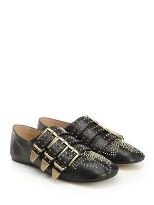 Chloé Susan Grained Buffalo Leather Flats With Gold Studs And Buckles - Black