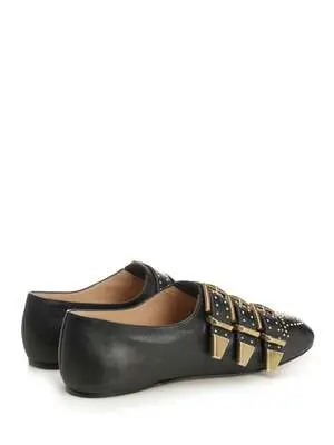 Chloé Susan Grained Buffalo Leather Flats With Gold Studs And Buckles - Black