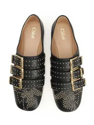 Chloé Susan Grained Buffalo Leather Flats With Gold Studs And Buckles - Black