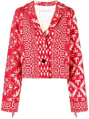 FORTE_FORTE Graphic Print Wool Blend Jacket With Fringe Detail - Red