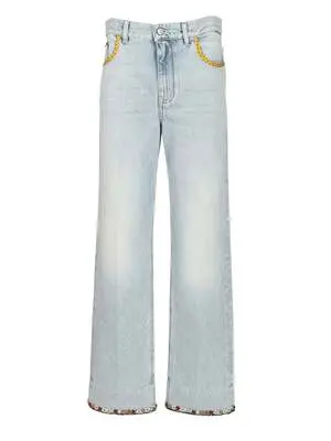 Valentino Garavani Embroidered Flower Trim Denim Trousers - Blue