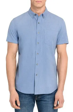 W.R.K Reworked Slim Fit Solid Short Sleeve Cotton Button-down Shirt - Blue