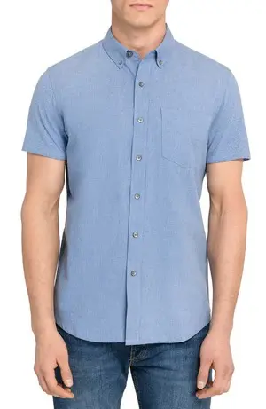W.R.K Reworked Slim Fit Solid Short Sleeve Cotton Button-down Shirt - Blue