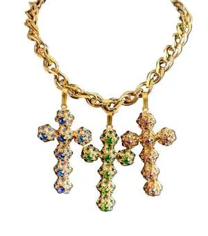 LAURA GRAY Italian Chanel Metal Crystal Cross Pendant Necklace