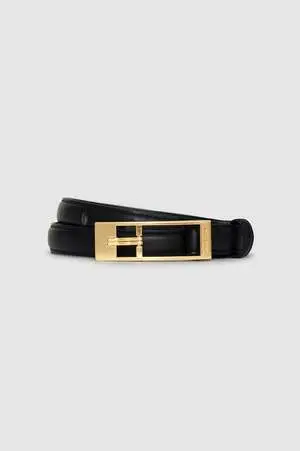 ANINE BING Smooth Leather Slim Belt With Gold Tone Buckle - Black
