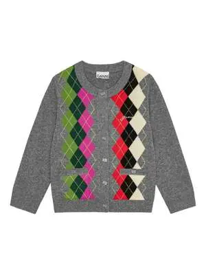 GANNI Argyle Merino Wool & Cashmere Cardigan - Gray