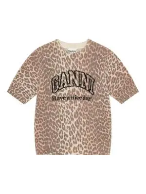 GANNI Leopard Print Wool Blend T-shirt - Multicolor