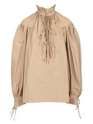 Dries Van Noten Cotton Poplin Blouse With Ruffles And Drawstring Detail - Cream