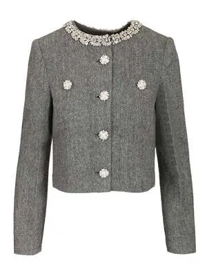 SELF-PORTRAIT Herringbone Jacket With Crystal Trim - Gray