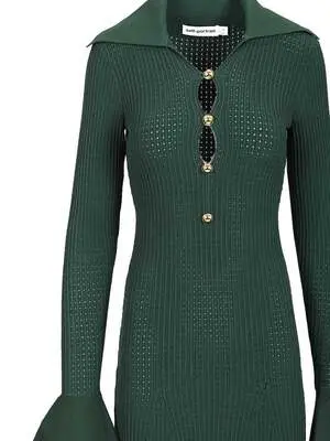 SELF-PORTRAIT Knitted Midi Dress With Exaggerated Collar And Gold Button Embellishment
