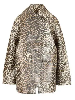 GANNI Leopard Laminated Cotton Jacket With Wide Collar And Pleated Back - Multicolor