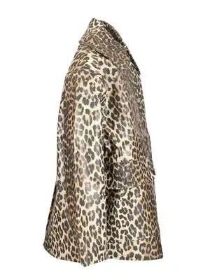 GANNI Leopard Laminated Cotton Jacket With Wide Collar And Pleated Back - Multicolor