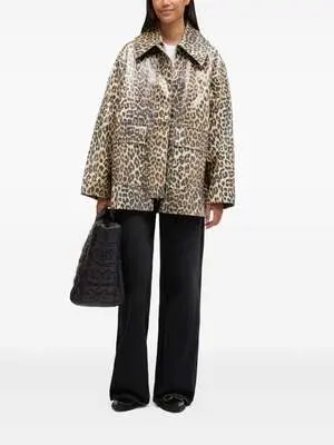 GANNI Leopard Laminated Cotton Jacket With Wide Collar And Pleated Back - Multicolor