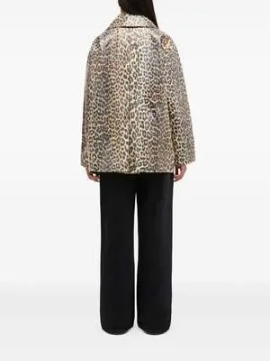 GANNI Leopard Laminated Cotton Jacket With Wide Collar And Pleated Back - Multicolor