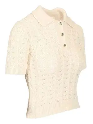 FORTE_FORTE Crochet Knit Polo Shirt With Jewel Buttons - White