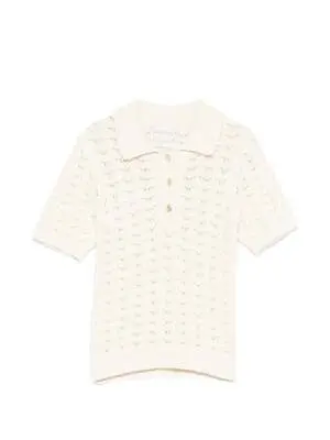 FORTE_FORTE Crochet Knit Polo Shirt With Jewel Buttons - White