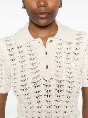 FORTE_FORTE Crochet Knit Polo Shirt With Jewel Buttons - White