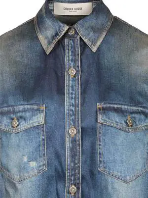 GOLDEN GOOSE Technical Fabric Shirt With Trompe L'oeil Denim Print - Blue