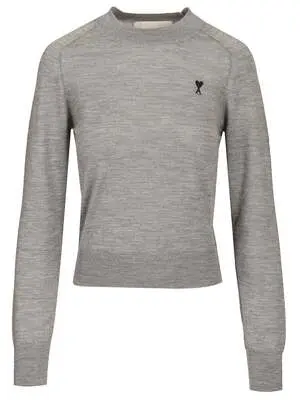 AMI Paris Crewneck Sweater With Contrasted De Coeur Embroidery - Gray