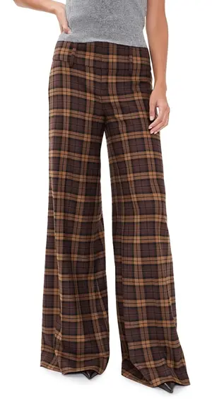 Alice + Olivia Plaid Wide Leg Flare Pants - Dark Chocolate/camel