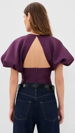 SELF-PORTRAIT Taffeta Puff Sleeve Top With Back Cutout