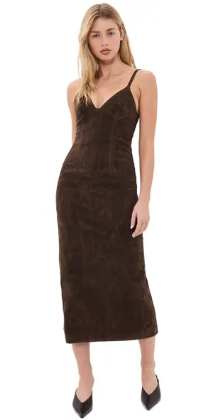 Bardot Faux Suede Sweetheart Neck Midi Dress With Slit
