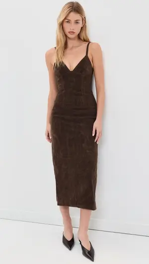 Bardot Faux Suede Sweetheart Neck Midi Dress With Slit