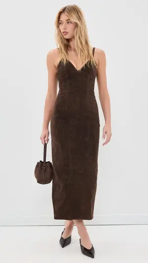 Bardot Faux Suede Sweetheart Neck Midi Dress With Slit