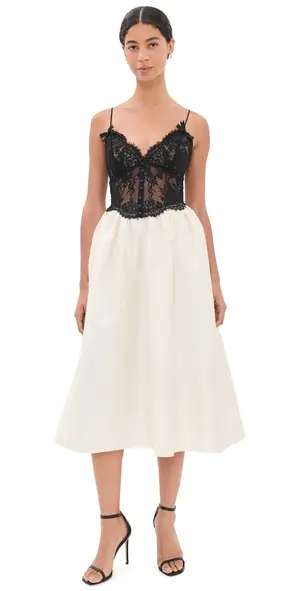 SELF-PORTRAIT Taffeta Contrast Lace Midi Dress - Cream