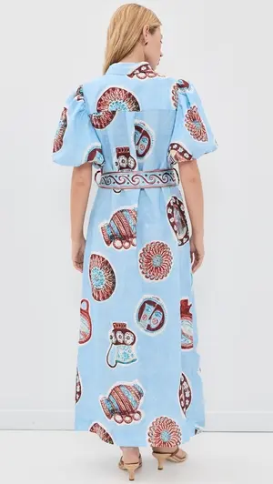ROAME Berkeley Geometric Print Linen Maxi Shirt Dress