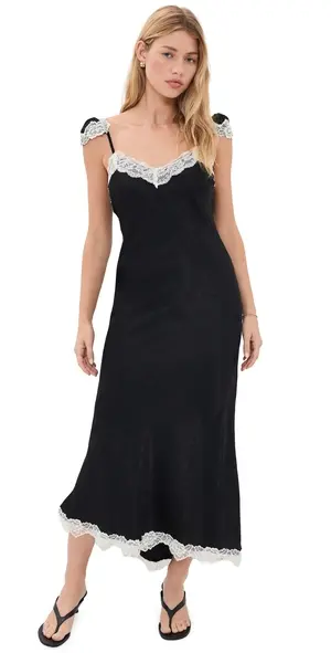 ANOTHER GIRL Lace Trim Satin Maxi Slip Dress - Black