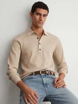 REISS Admiral Ribbed Half-button Polo Shirt - Stone