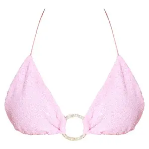 ETTIE Sequin Triangle Bikini Top With Ring Detail - Pink