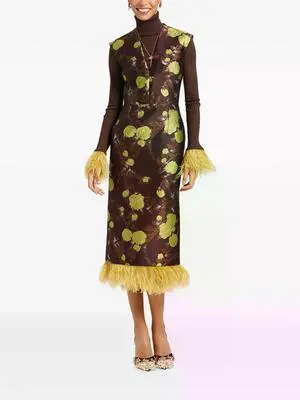 La DoubleJ Sleek Feather-trimmed Floral Jacquard Dress