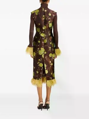 La DoubleJ Sleek Feather-trimmed Floral Jacquard Dress